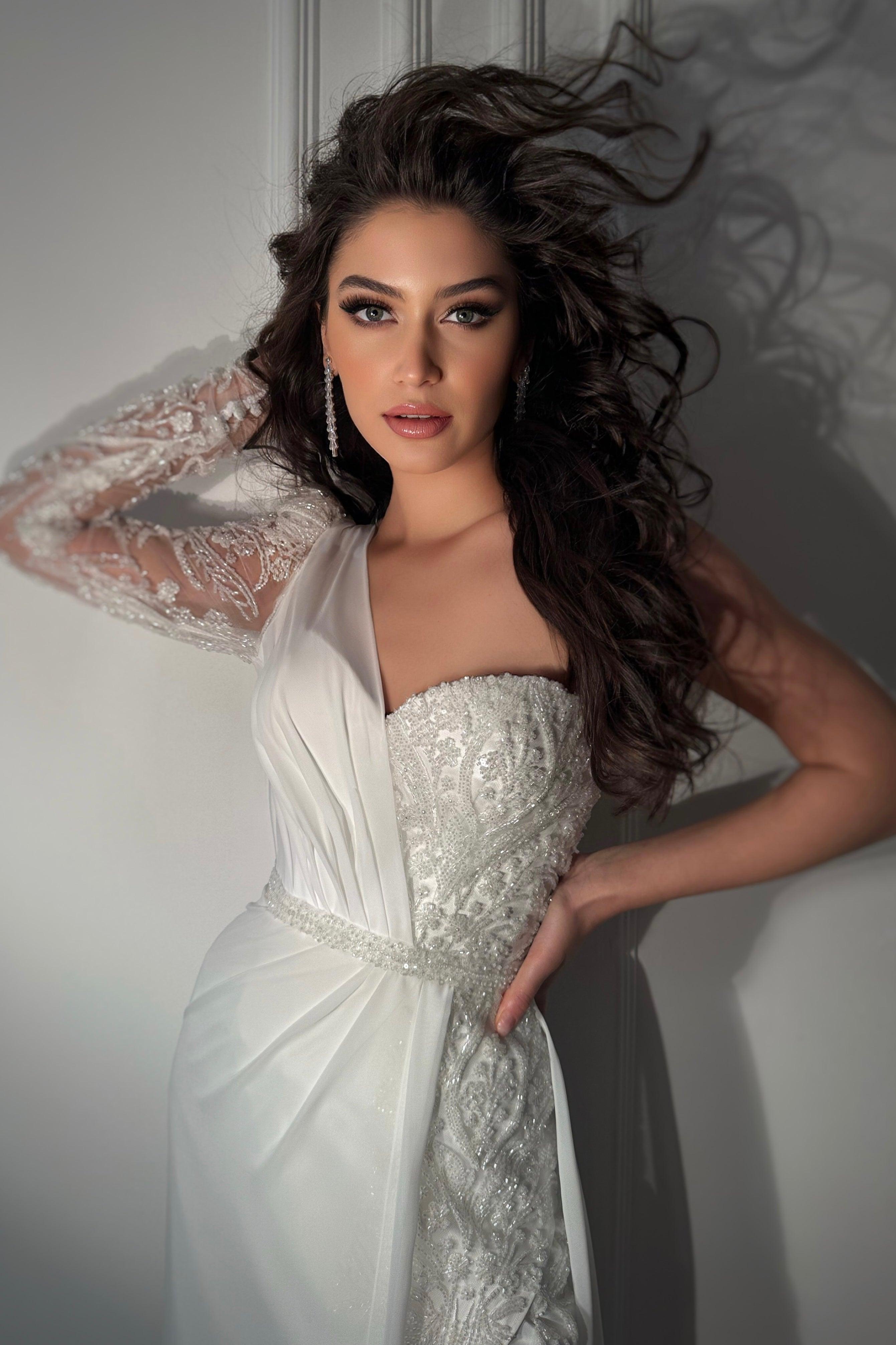 Adora Şifon Tek Kol Düz Kesim Gelinlik | Mediha Cambaz Gelinlik Bursa ...