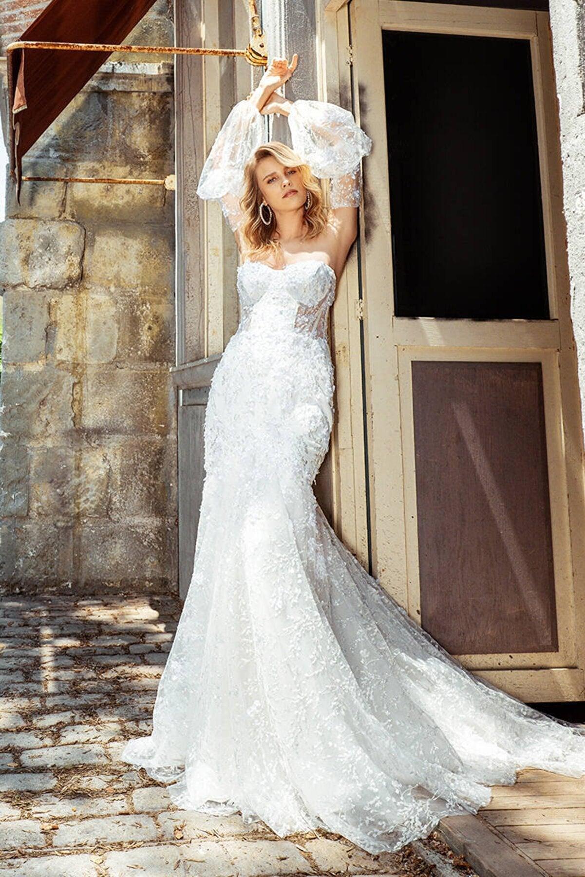 Leata Three-Dimensional Lace Balloon Sleeve mermaid Wedding Dress ...